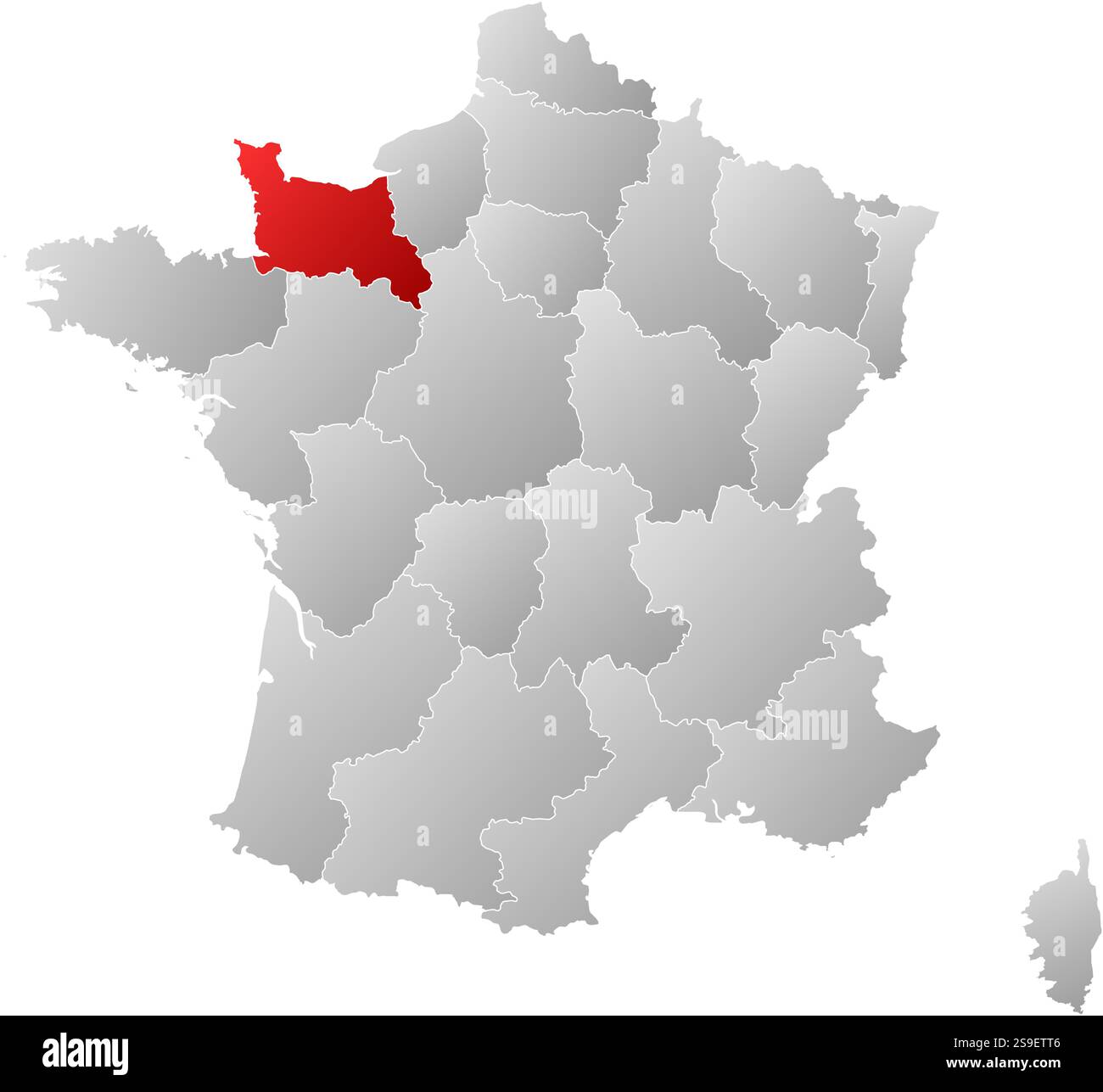 Map of France with the provinces, filled with a linear gradient, Lower Normandy is highlighted ...