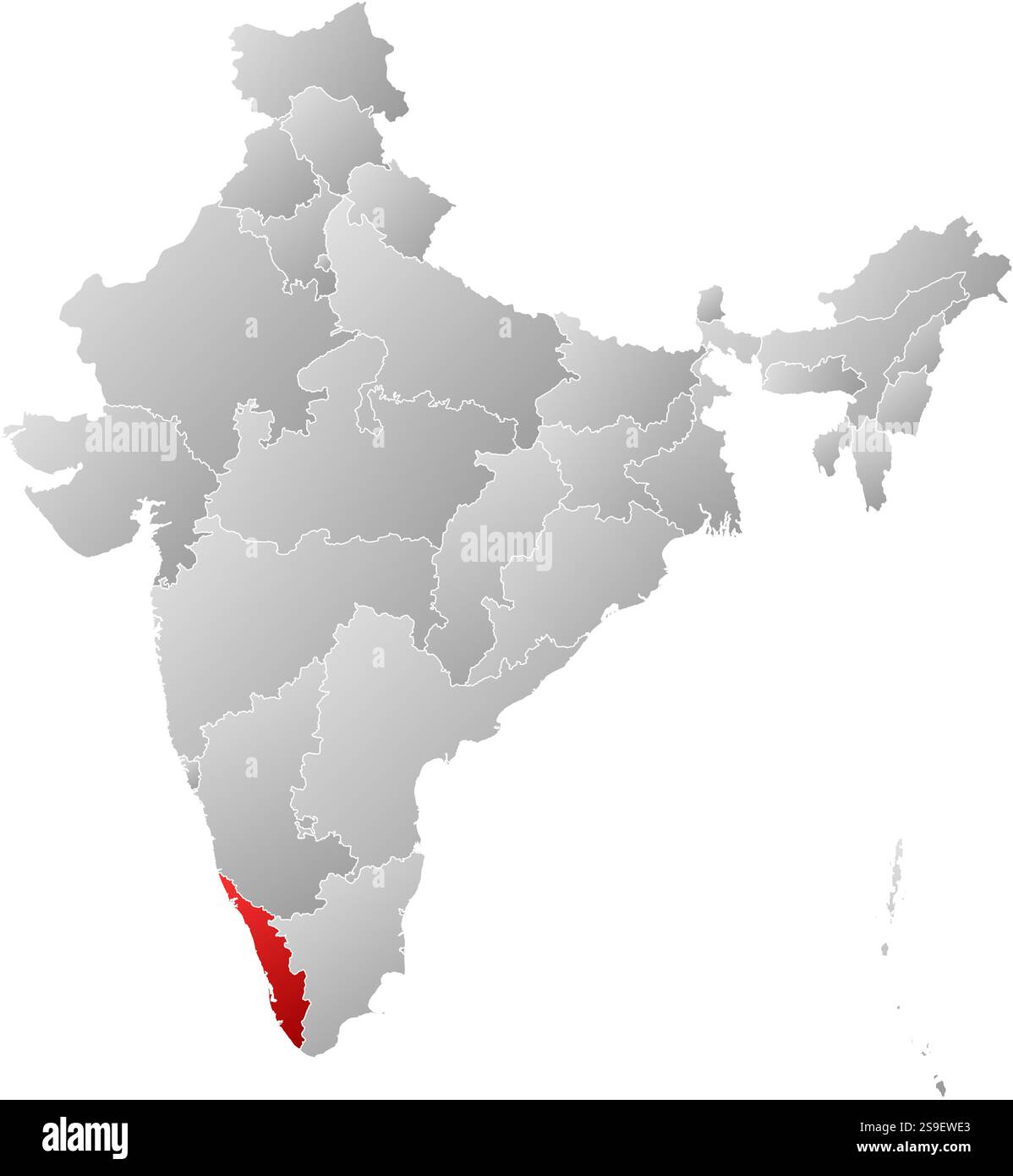 Map of India with the provinces, filled with a linear gradient, Kerala ...