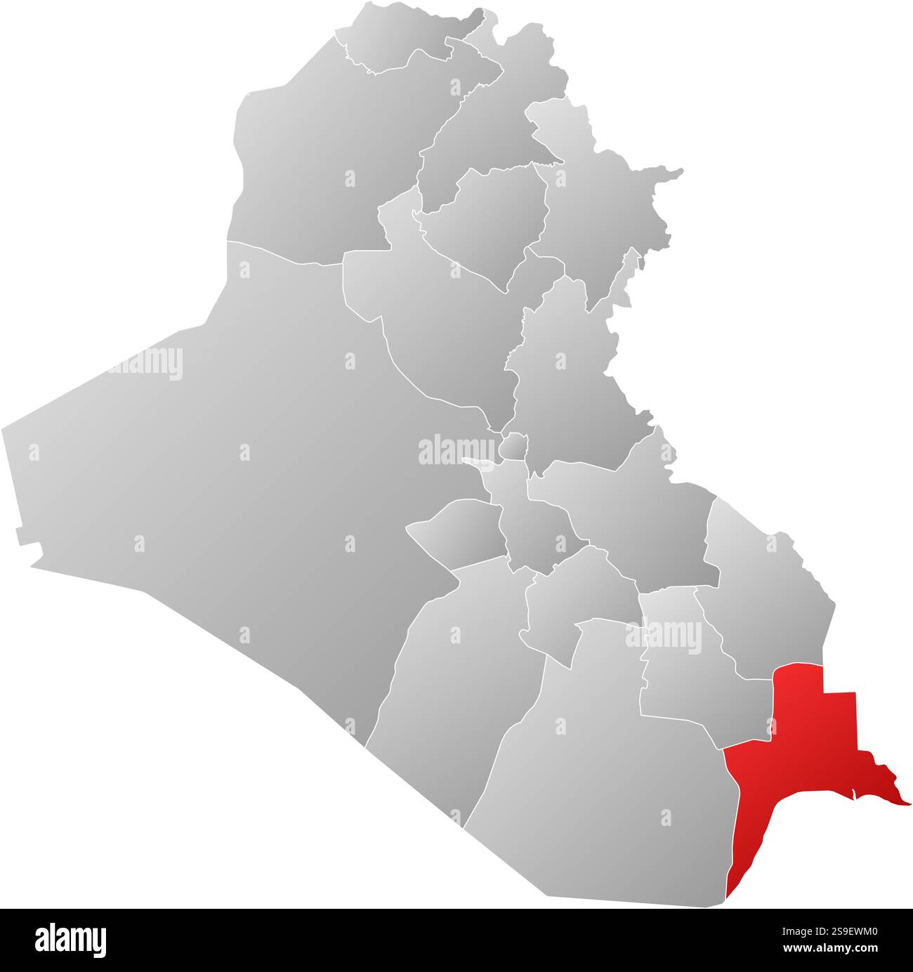 Map of Iraq with the provinces, filled with a linear gradient, Basra is ...