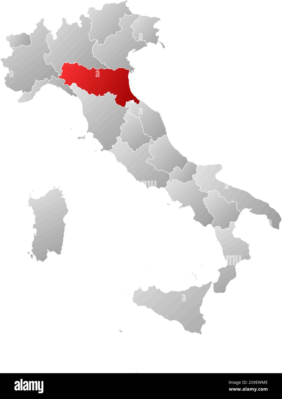 Map of Italy with the provinces, filled with a linear gradient, Emilia-Romagna is highlighted ...