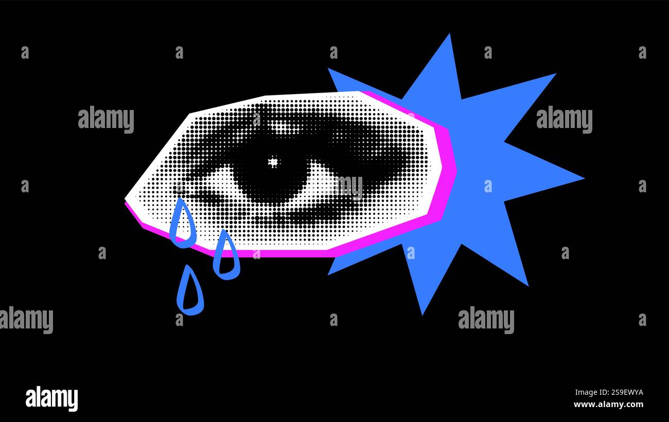 A trendy halftone collage illustration with a crying womans eye Stock ...