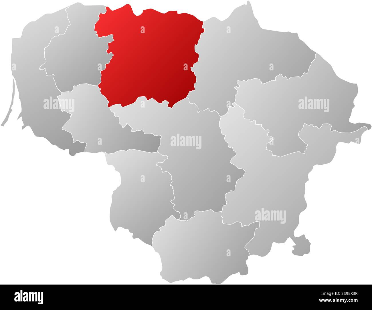 Map of Lithuania with the provinces, filled with a linear gradient, Siauliai is highlighted ...