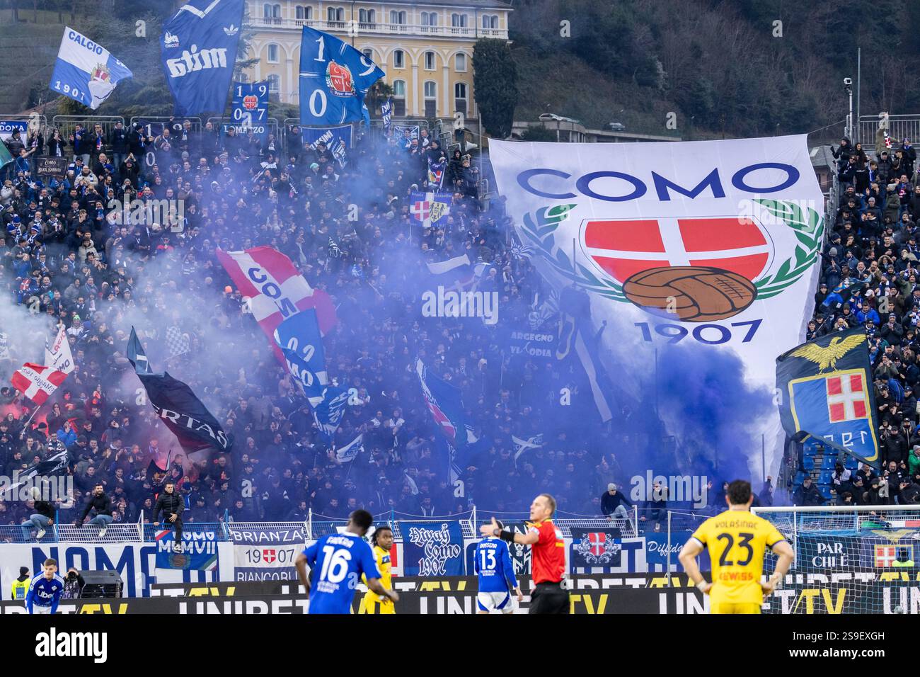 smoke bombs Como fans during serie A match Como vs Atalanta - Como ...