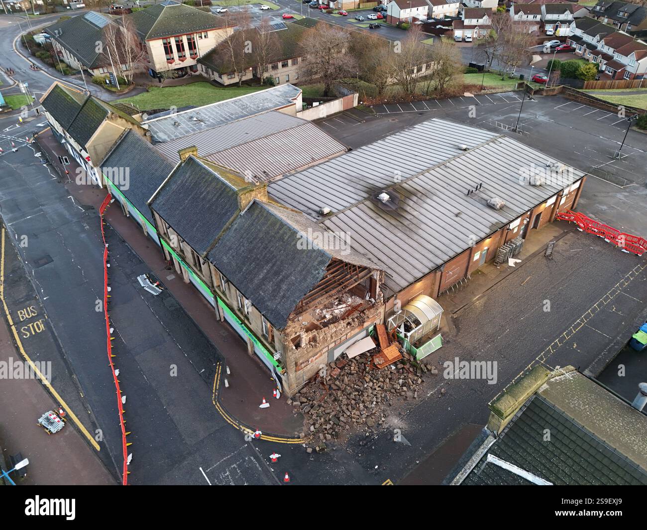 Damage to the side of the Co-op store in Denny, Stirlingshire after ...