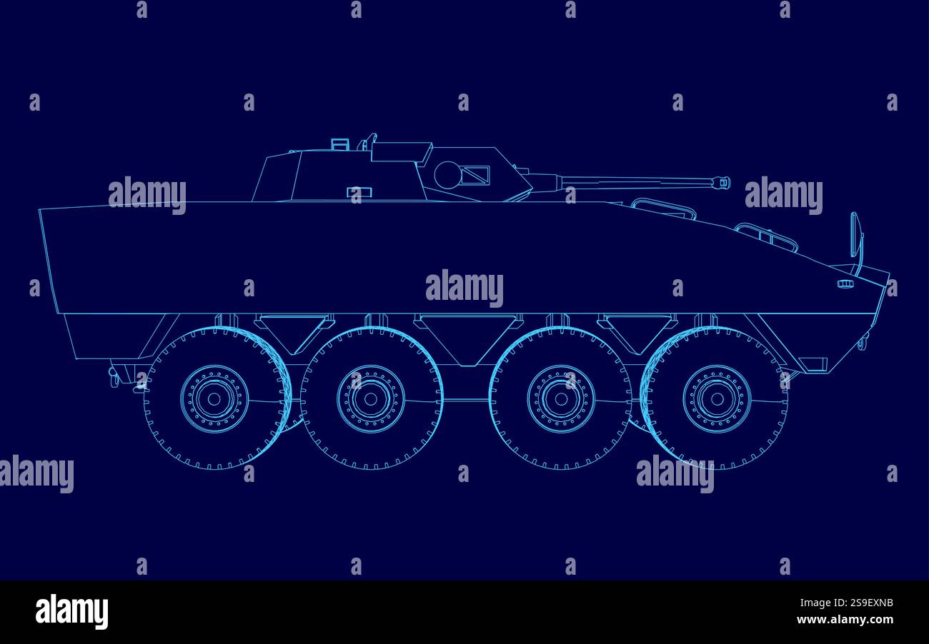 Blue image of a military vehicle outline. The vehicle is a tank and has ...