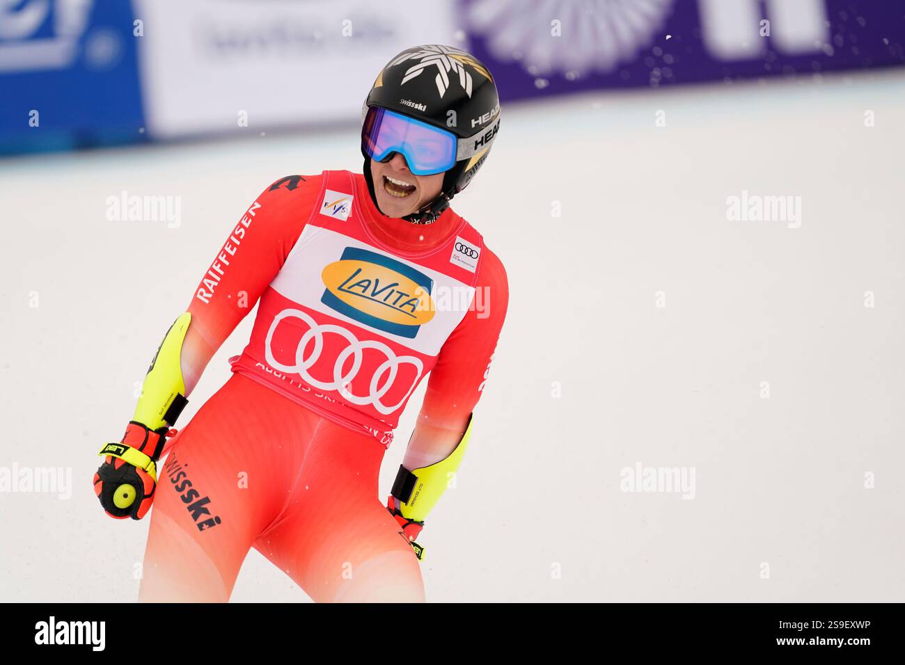 Switzerland's Lara Gut Behrami reacts after completing an alpine ski ...