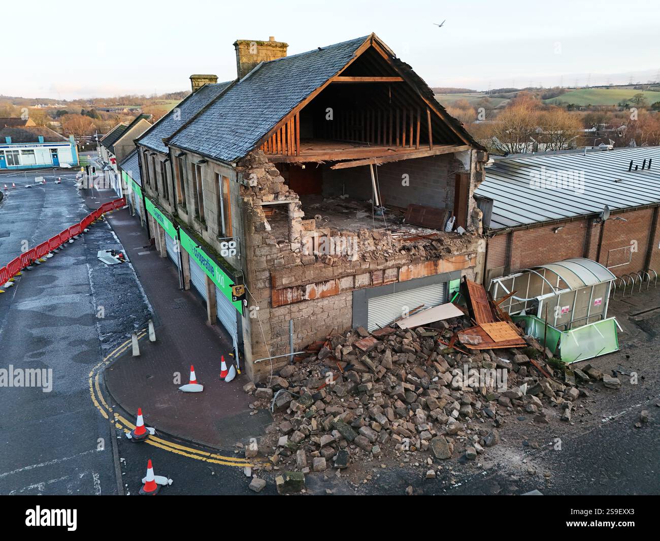 Damage to the side of the Co-op store in Denny, Stirlingshire after ...