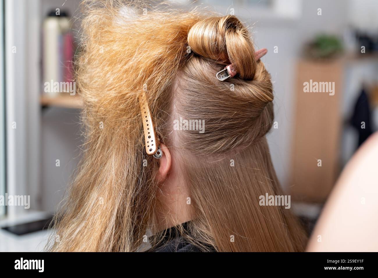 Hairdresser sectioning sections haircut cut long hair, wet dry, woman ...