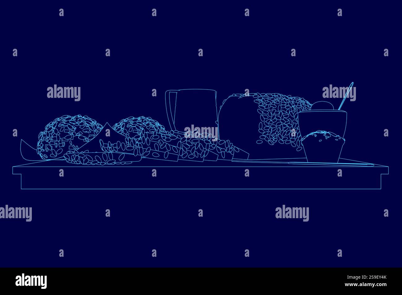 Blue drawing of food on a table. The food includes a sandwich, a bowl ...