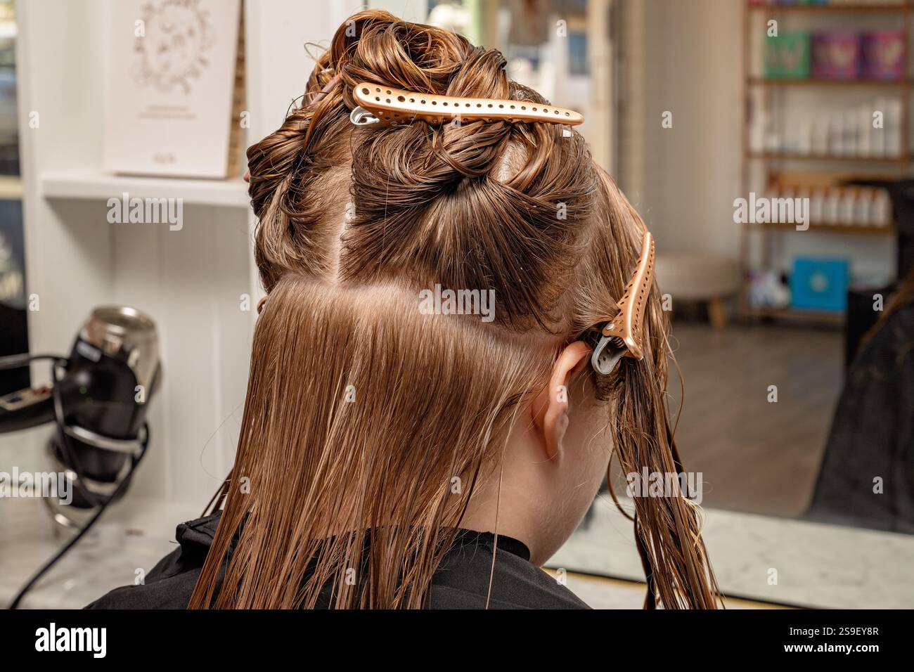 Hairdresser sectioning sections haircut cut long hair, wet dry, woman ...