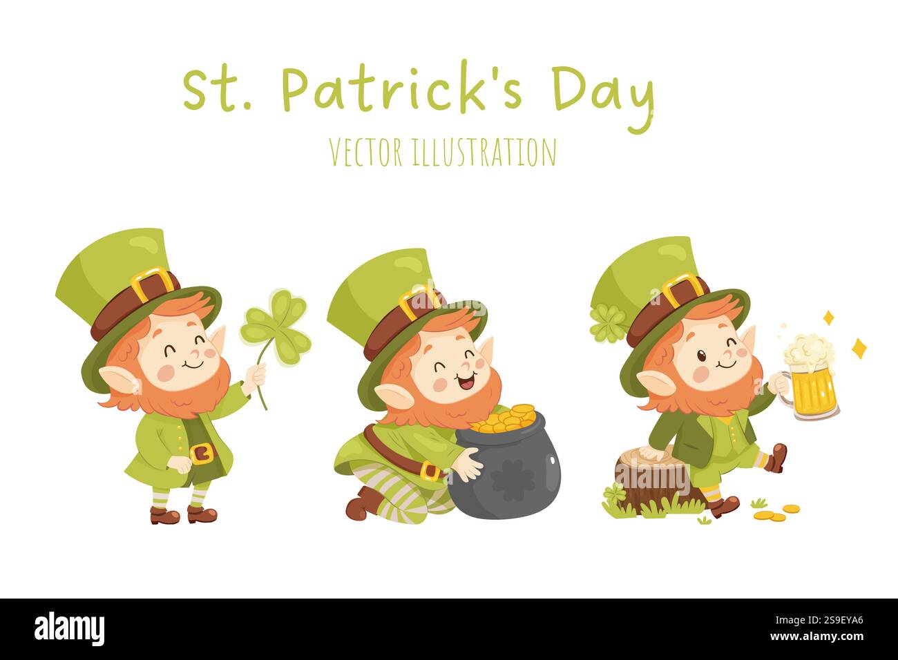 St. Patricks Day, clip art, cute leprechaun set, with gold, clover ...