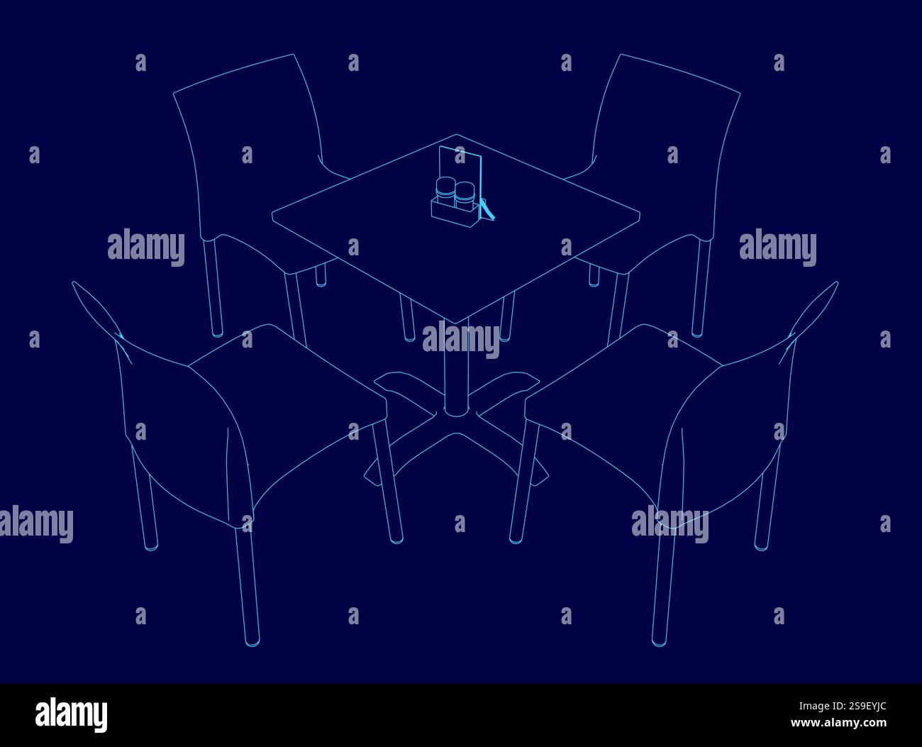 Blue drawing of a table with four chairs around it. The chairs are all ...