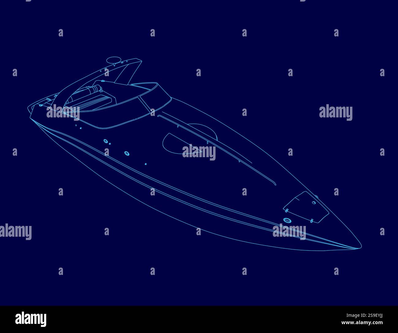 Blue boat is shown in a blue background. The boat is a small speed boat ...