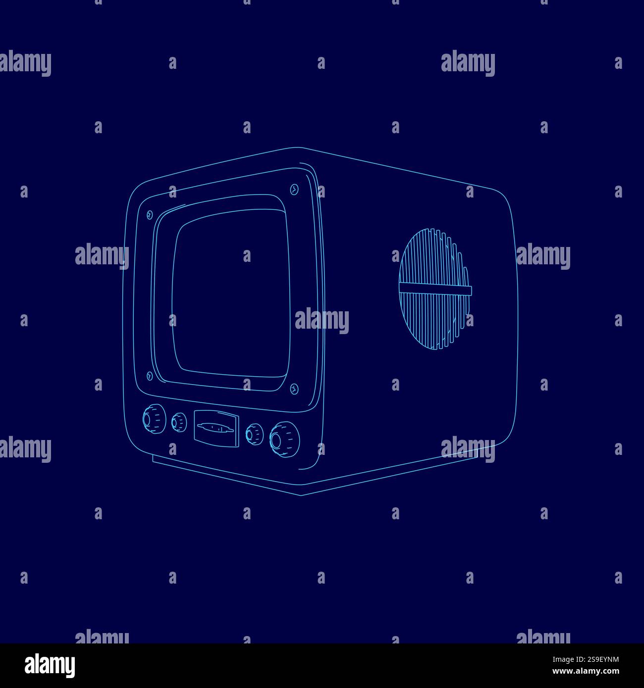 Black drawing of a television with a blue circle on side. The ...