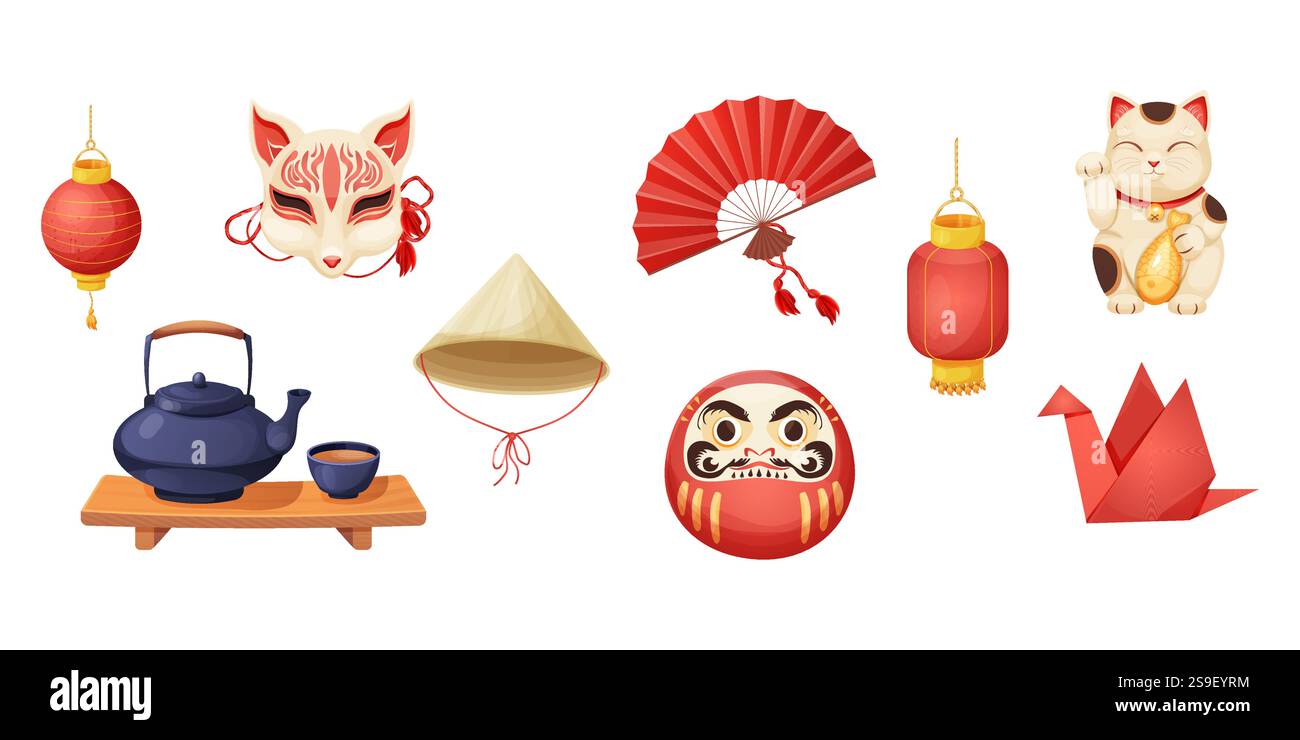 Japan set with traditional elements bonsai tree, koinobori flag, fun, maneki neko cat, origami ...