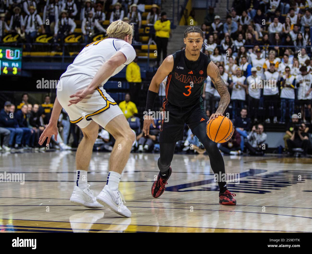 January 25 2025 Berkeley, CA U.S.A. Miami guard Jalil Bethea (3)goes to ...