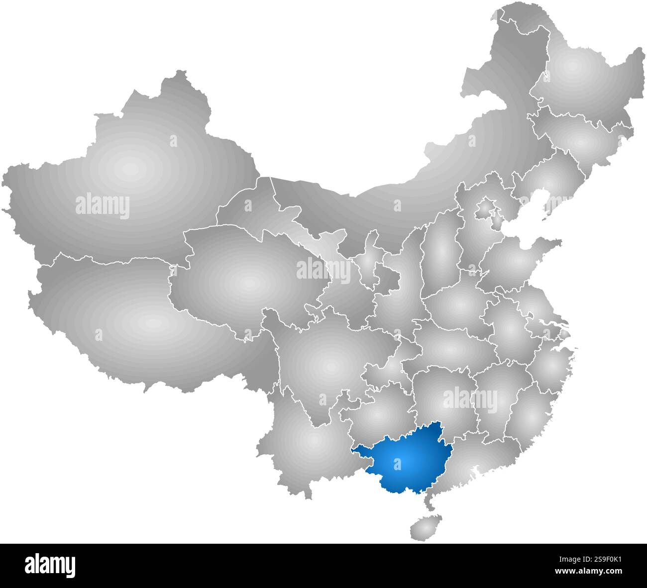 Map of China with the provinces, filled with a radial gradient, Guangxi ...
