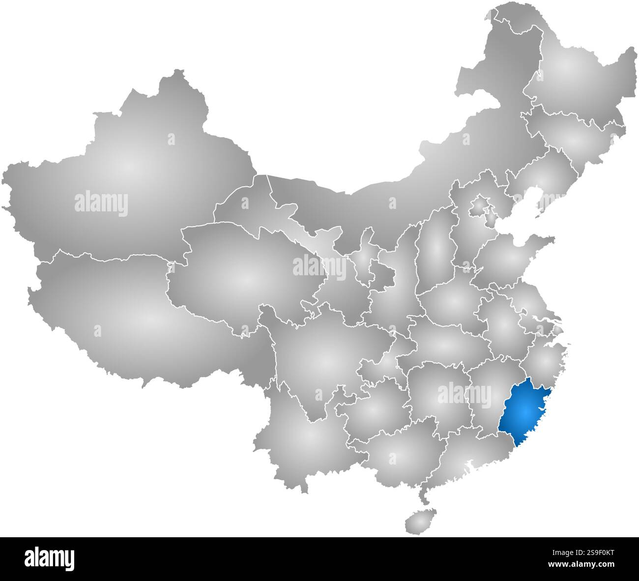 Map of China with the provinces, filled with a radial gradient, Fujian ...