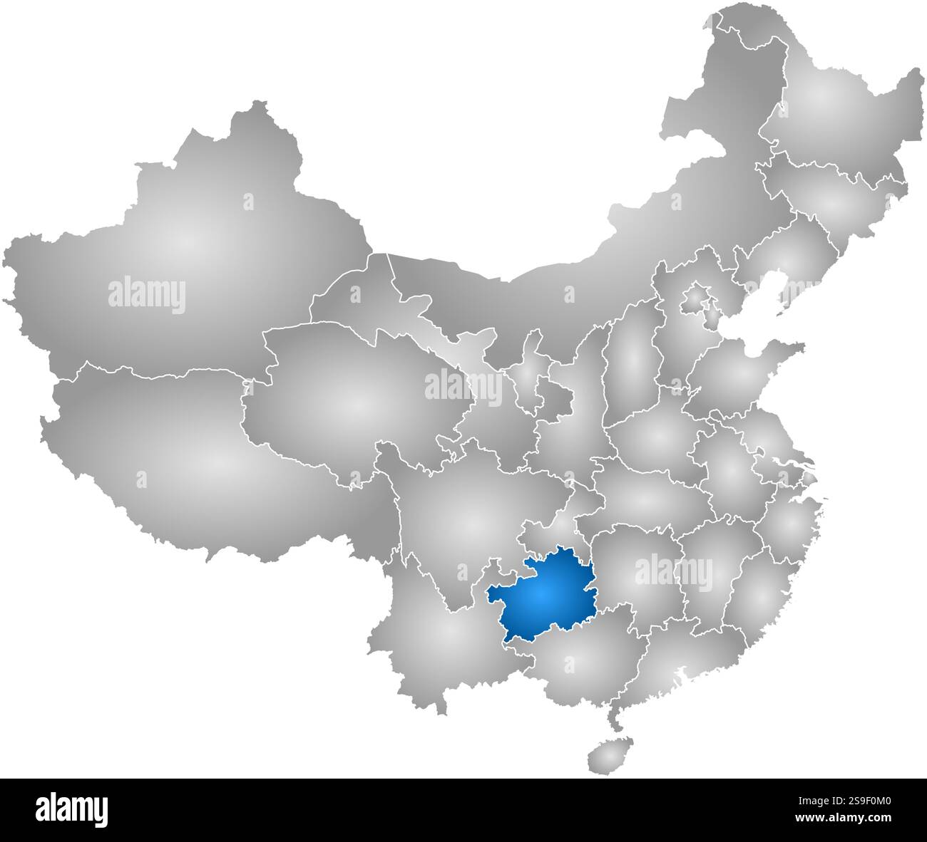 Map of China with the provinces, filled with a radial gradient, Guizhou ...