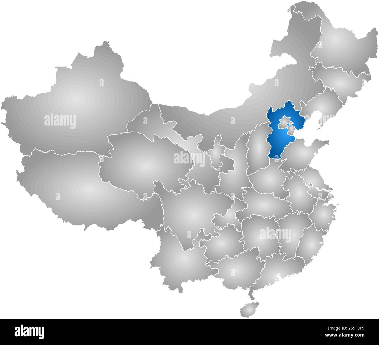 Map of China with the provinces, filled with a radial gradient, Hebei ...