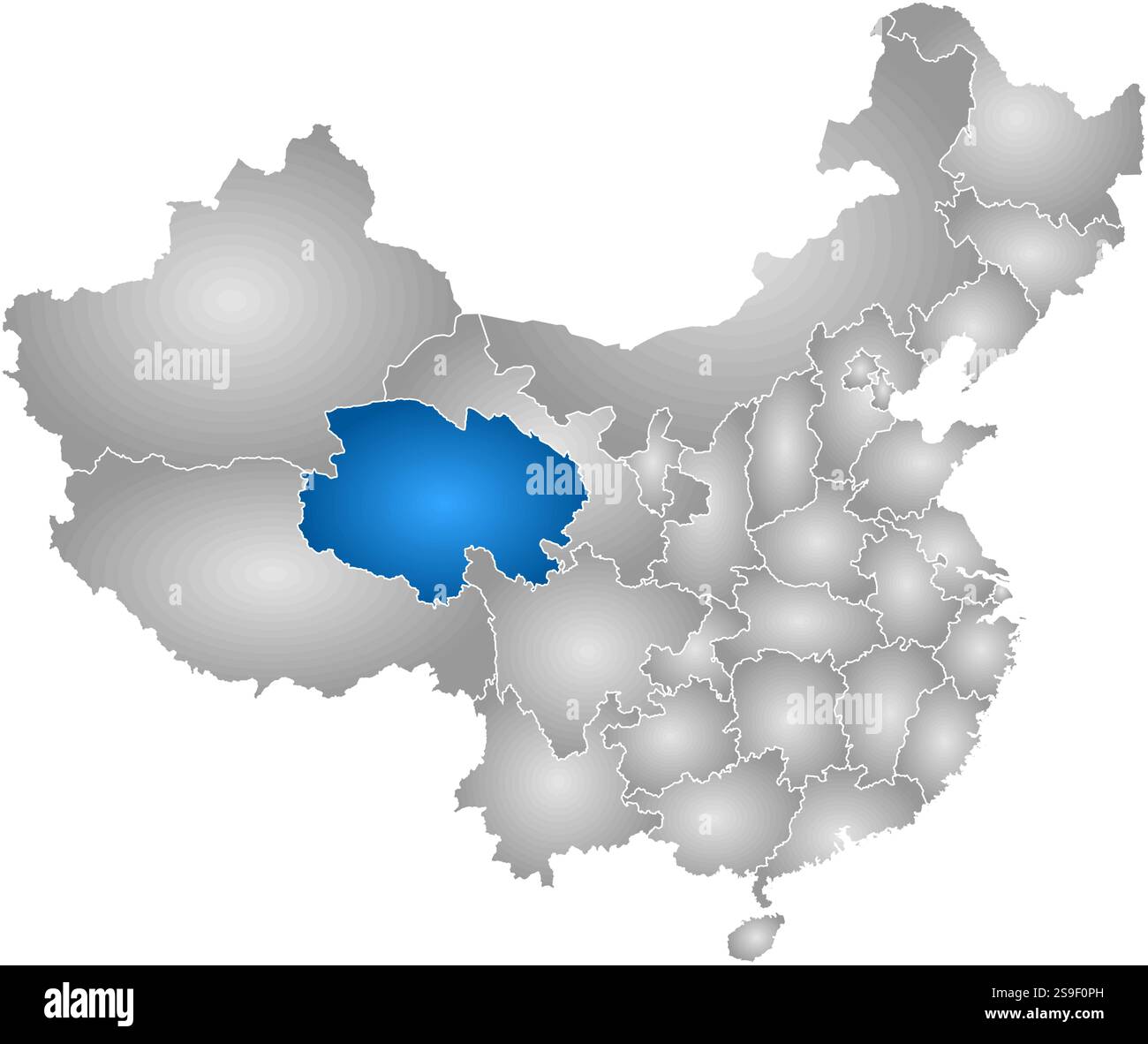 Map of China with the provinces, filled with a radial gradient, Qinghai ...