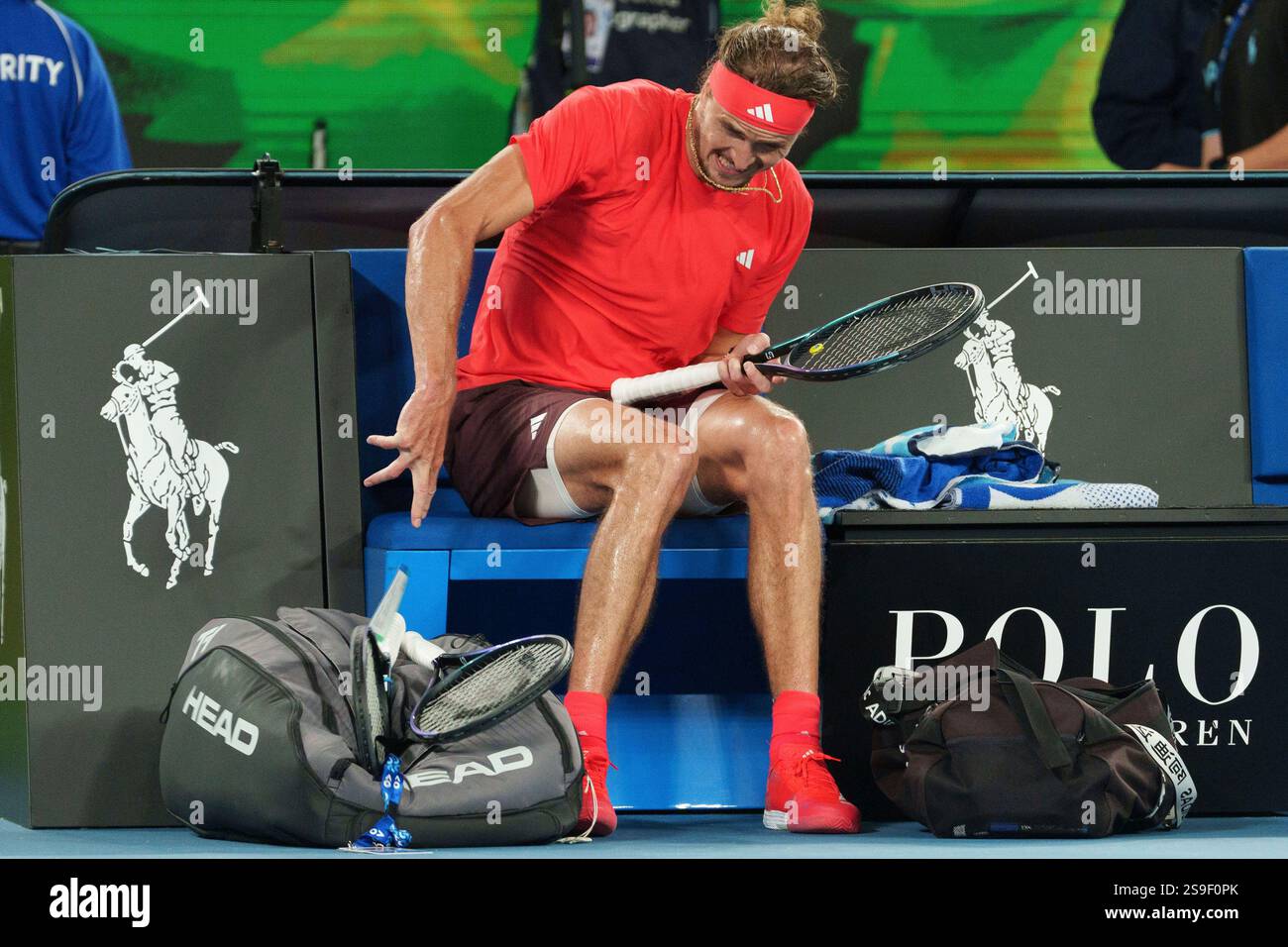 January 26, 2025: 2nd seed ALEXANDER ZVEREV of Germany smashes his racquet against 1st seed ...