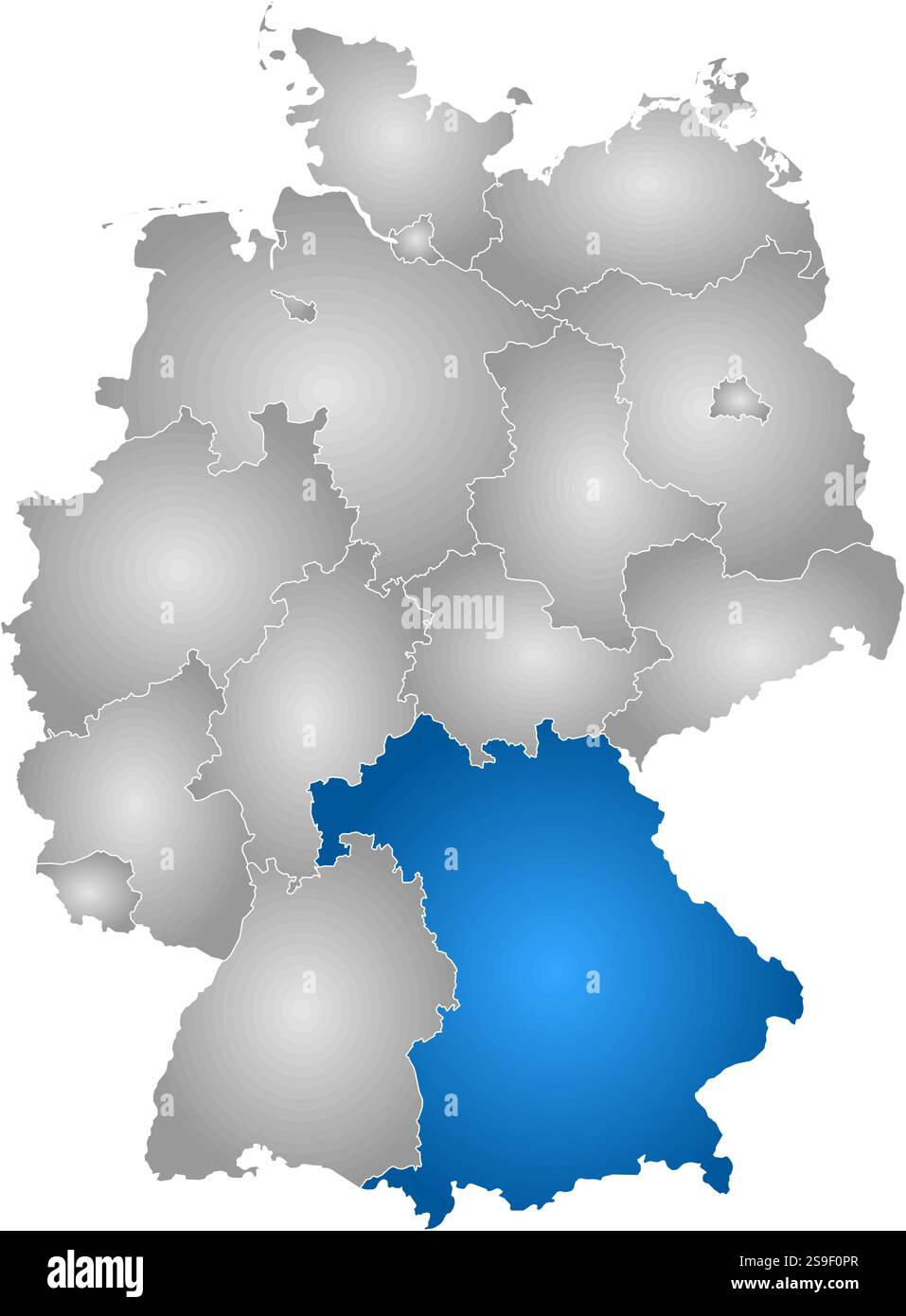 Map of Germany with the provinces, filled with a radial gradient, Bavaria is highlighted Stock ...