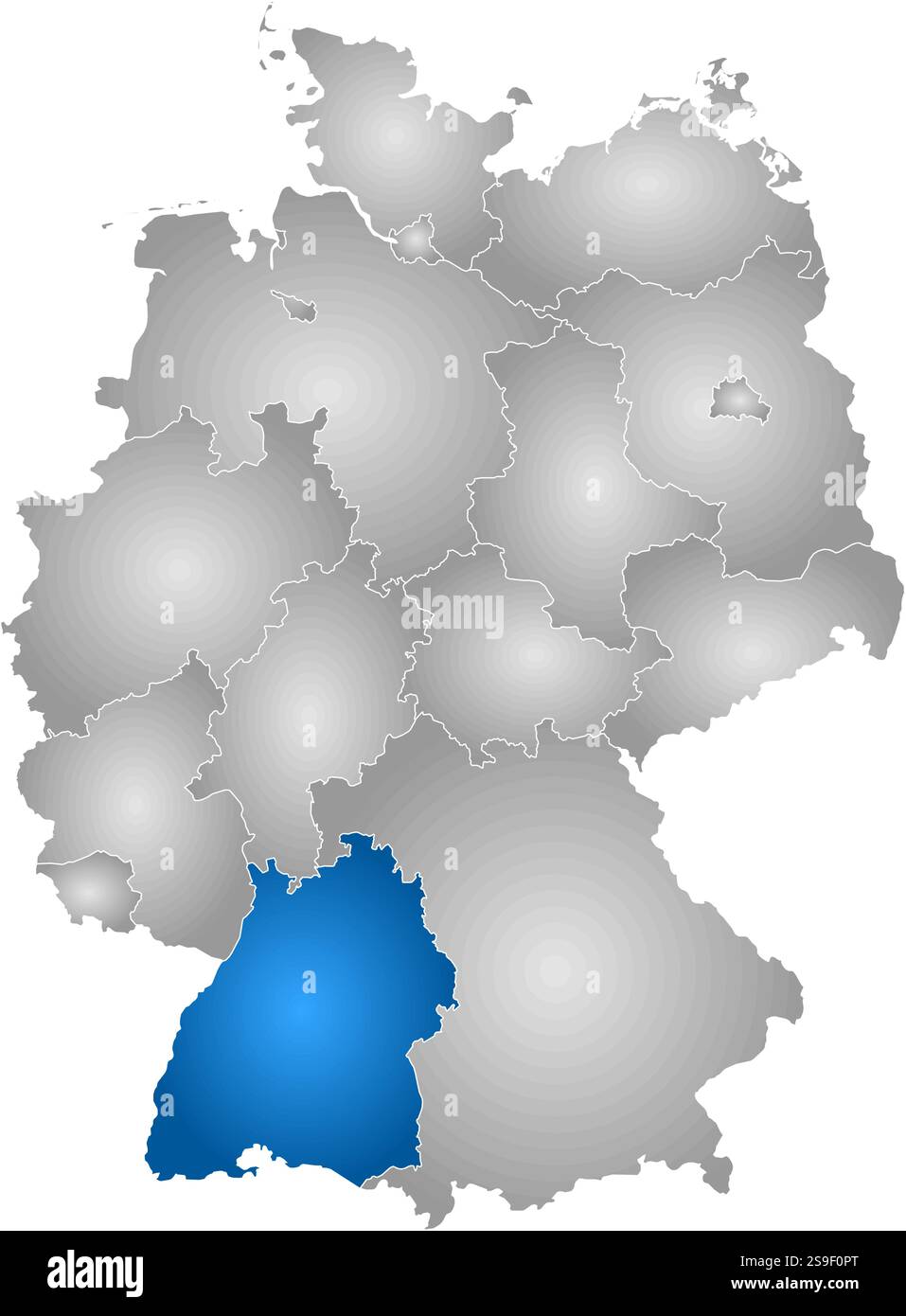Map of Germany with the provinces, filled with a radial gradient, Baden ...