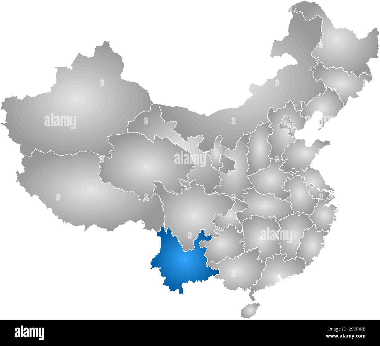 Map of China with the provinces, filled with a radial gradient, Yunnan ...