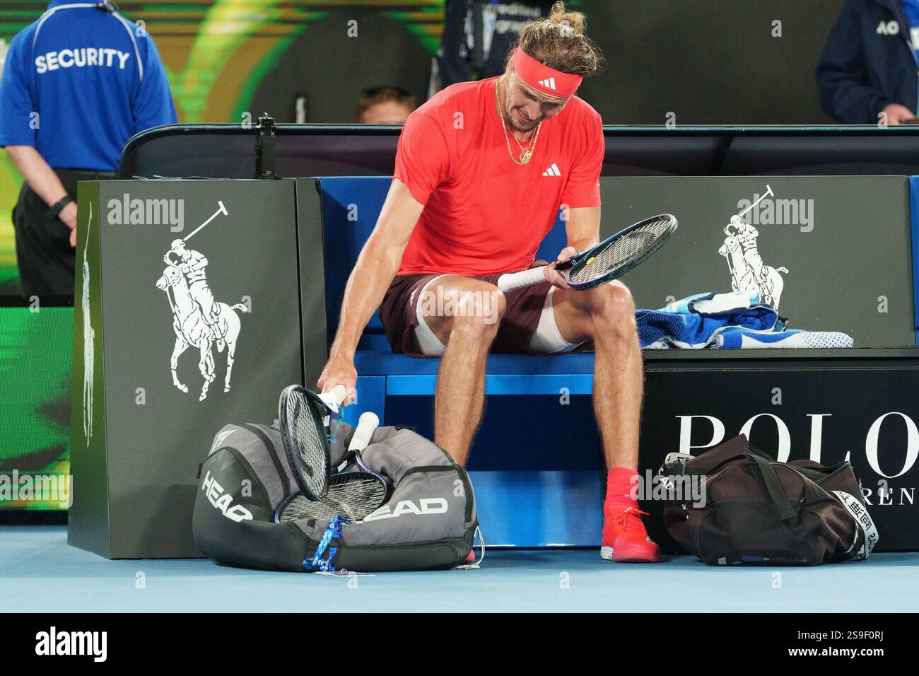 January 26, 2025: 2nd seed ALEXANDER ZVEREV of Germany smashes his racquet against 1st seed ...