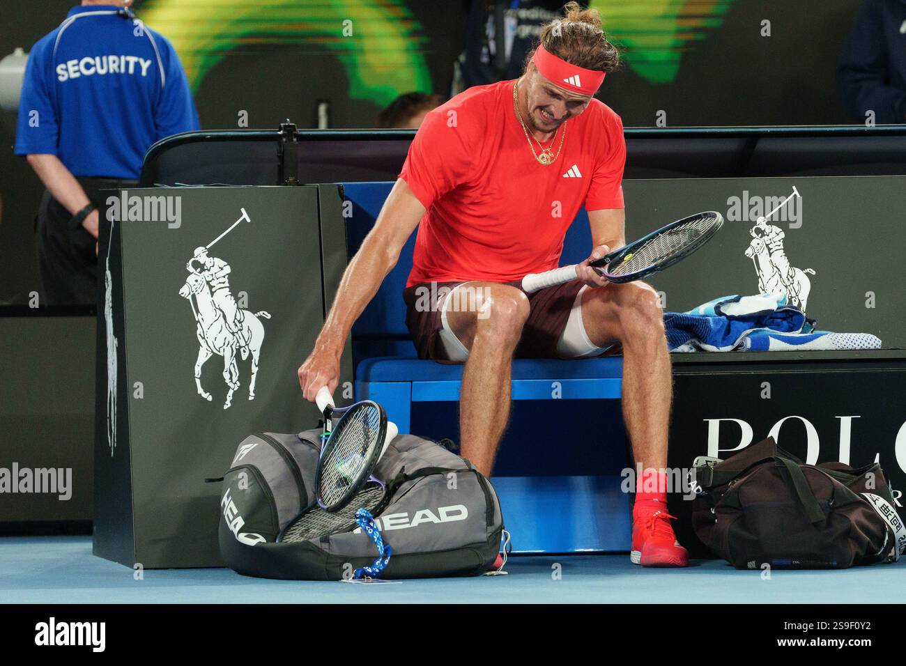 January 26, 2025: 2nd seed ALEXANDER ZVEREV of Germany smashes his racquet against 1st seed ...