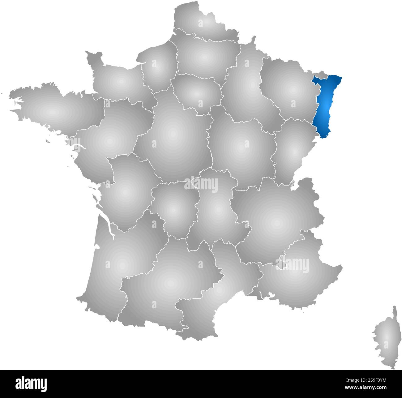Map of France with the provinces, filled with a radial gradient, Alsace ...