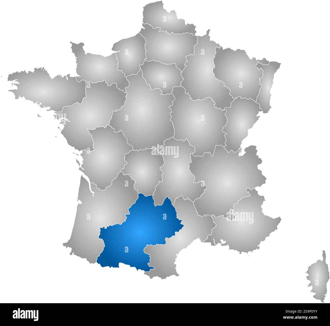 Map of France with the provinces, filled with a radial gradient, Midi ...