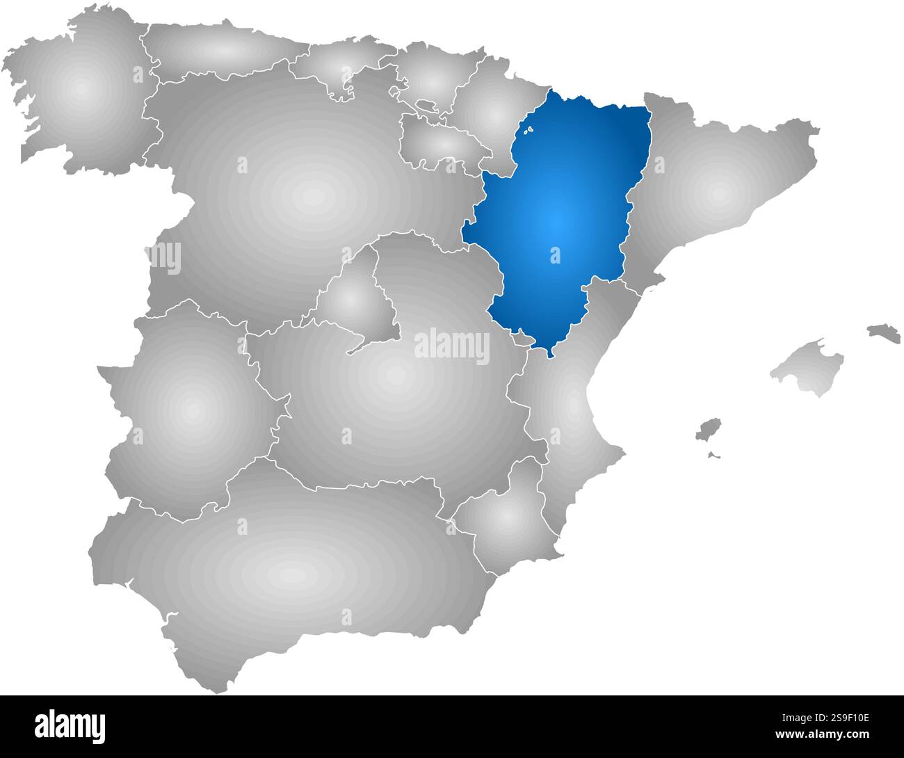 Map of Spain with the provinces, filled with a radial gradient, Aragon is highlighted Stock ...