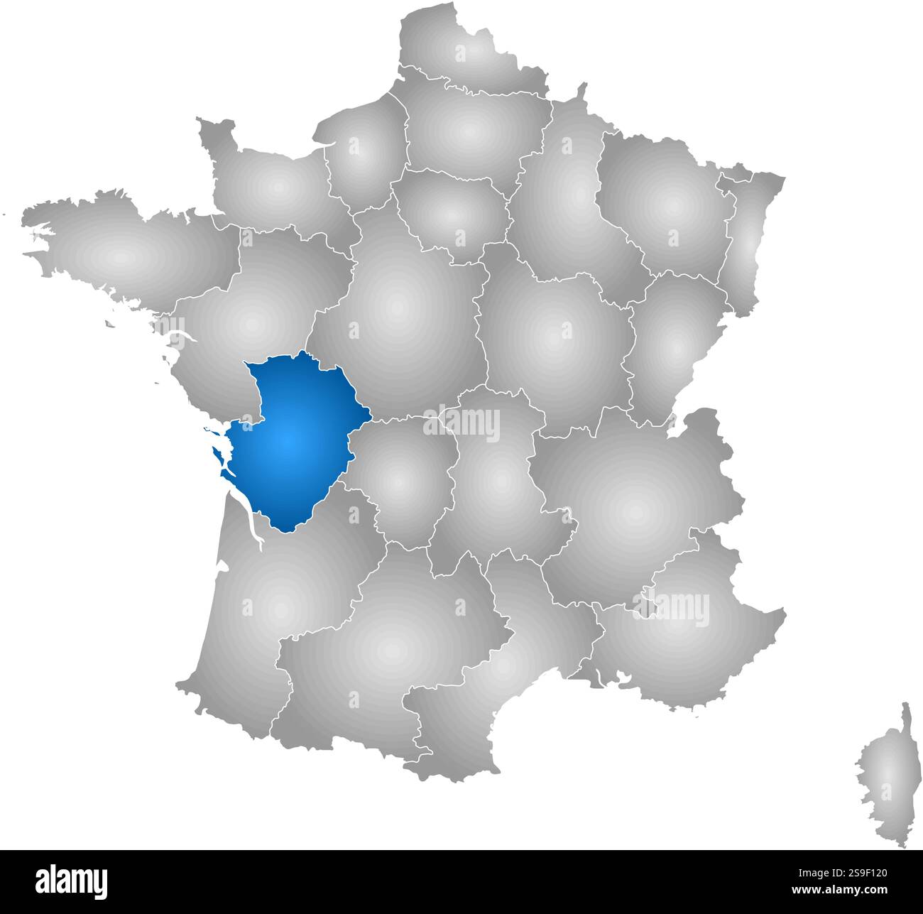 Map of France with the provinces, filled with a radial gradient, Poitou ...