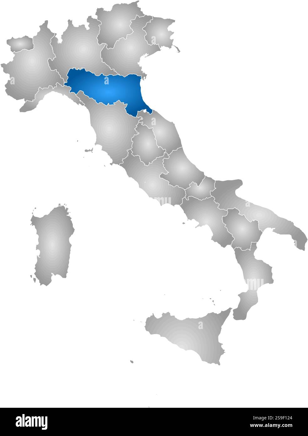 Map of Italy with the provinces, filled with a radial gradient, Emilia-Romagna is highlighted ...