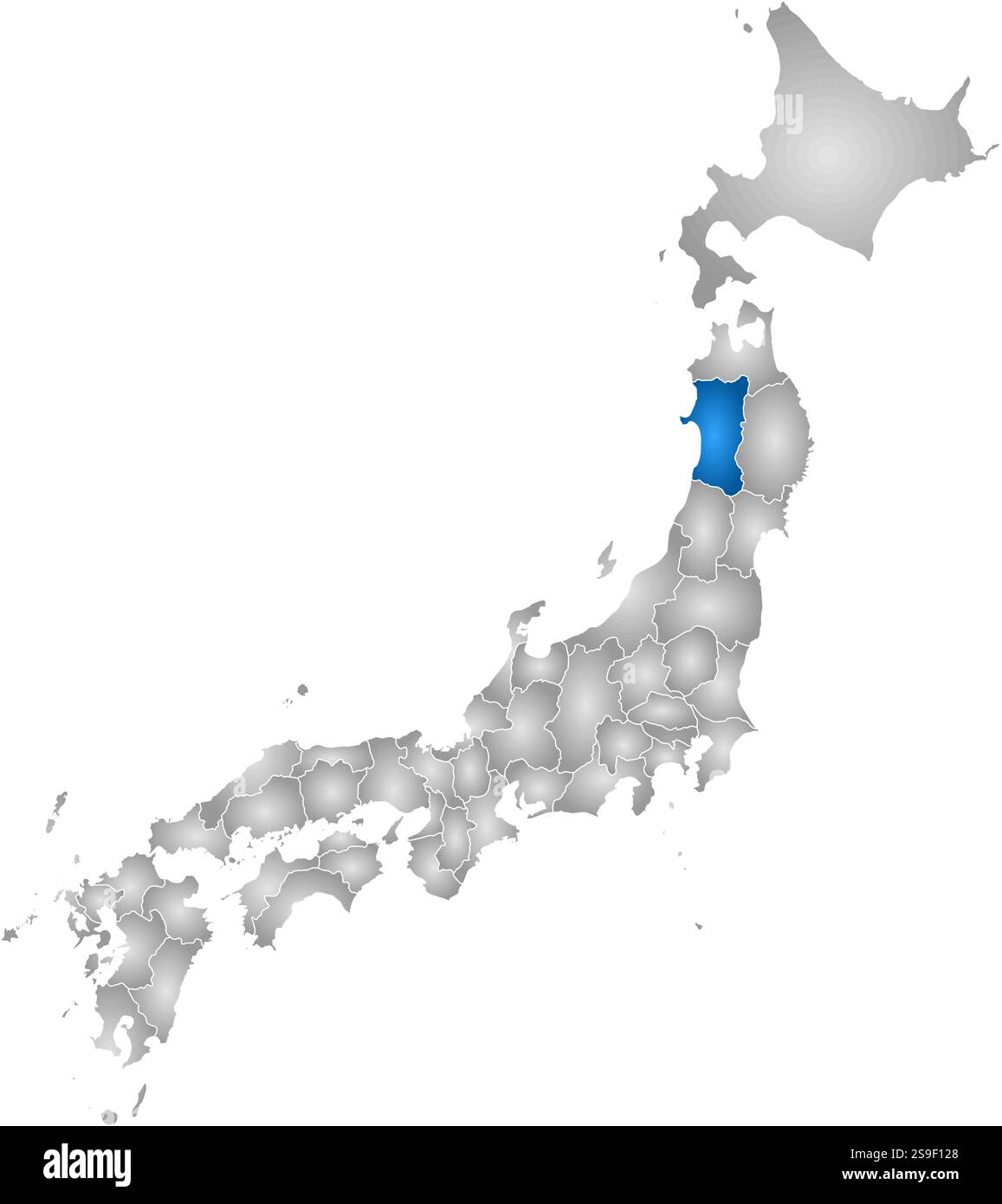 Map of Japan with the provinces, filled with a radial gradient, Akita ...