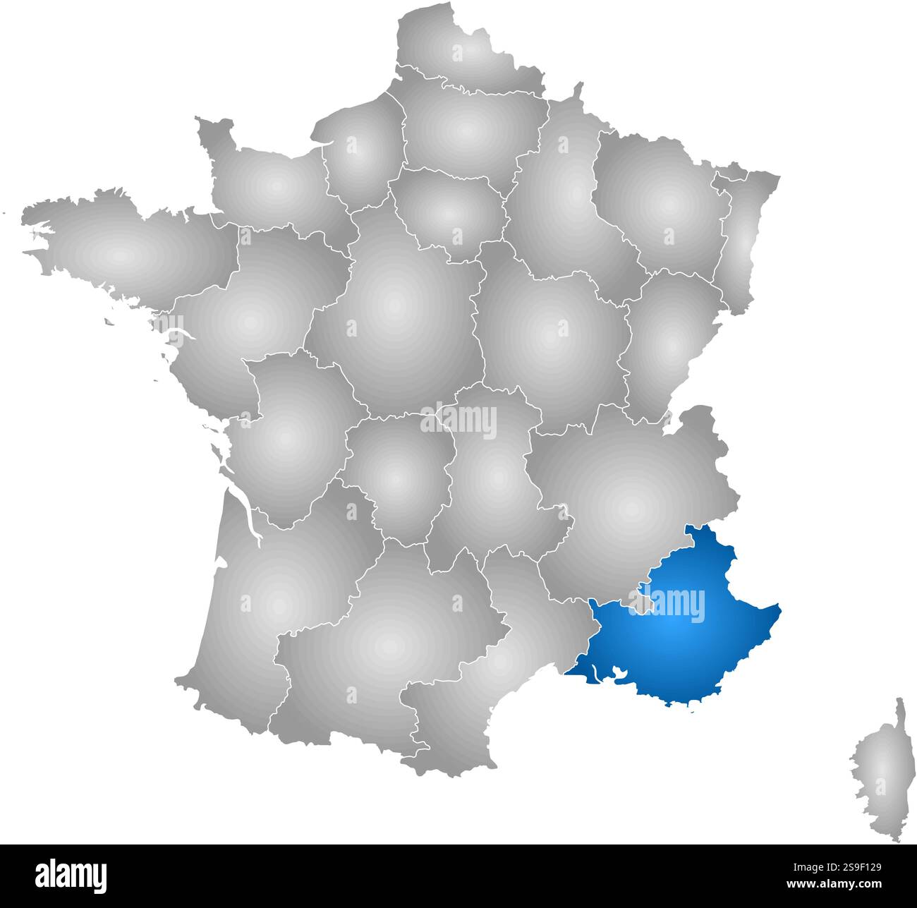 Map of France with the provinces, filled with a radial gradient ...