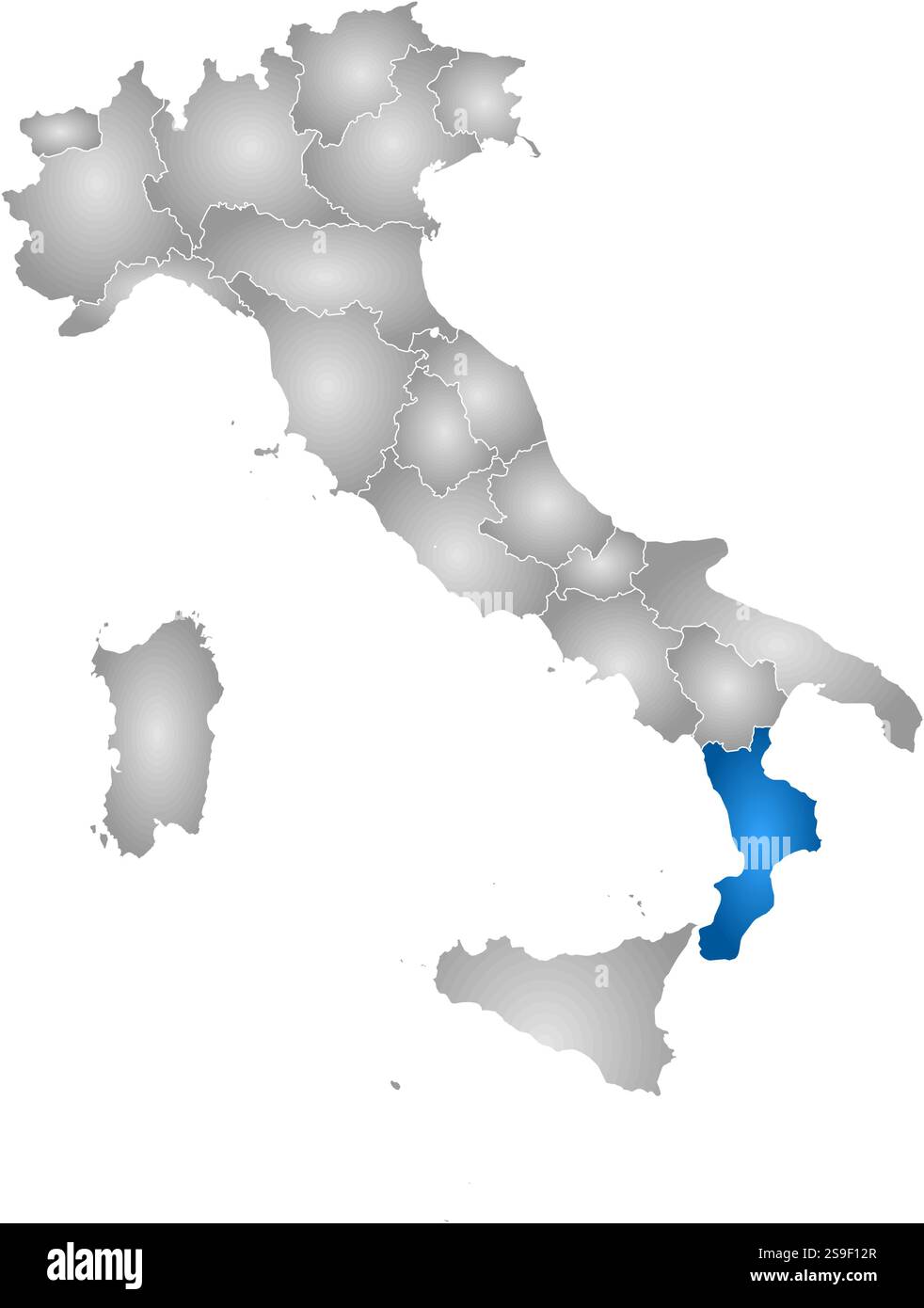 Map of Italy with the provinces, filled with a radial gradient, Calabria is highlighted Stock ...