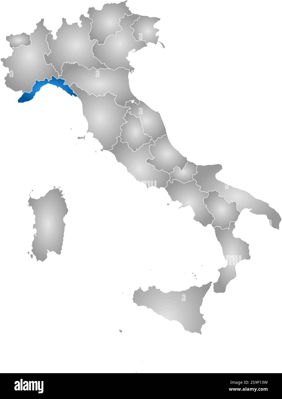 Map of Italy with the provinces, filled with a radial gradient, Liguria ...