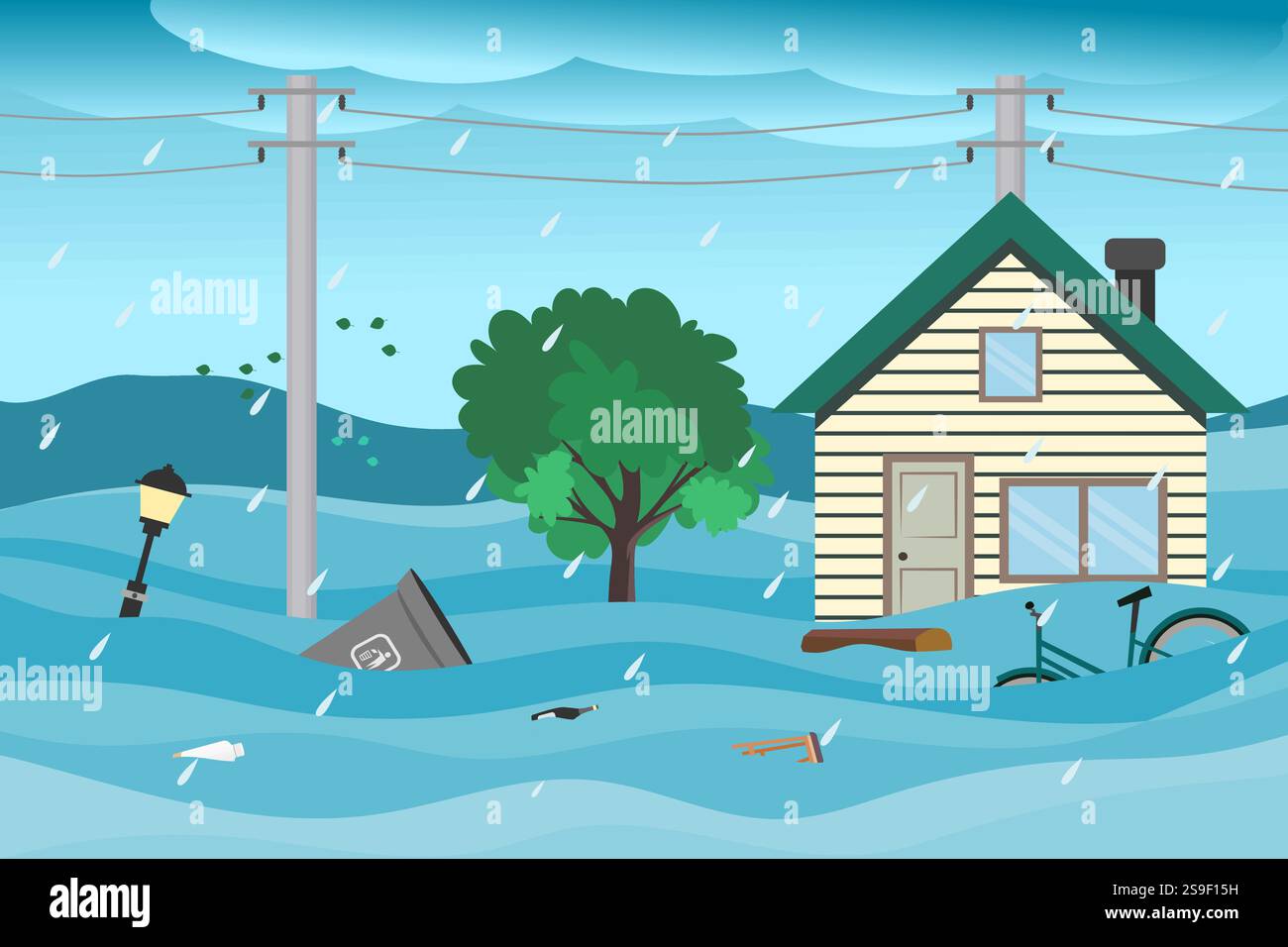 Flood disaster in town. Flooded buildings. Vector illustration Stock ...