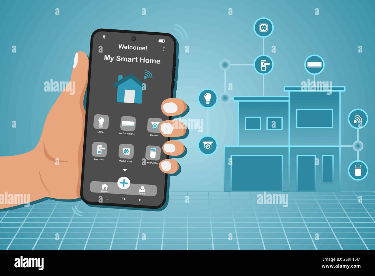 Hand holding a smartphone to use smart home app. Smart home technology ...