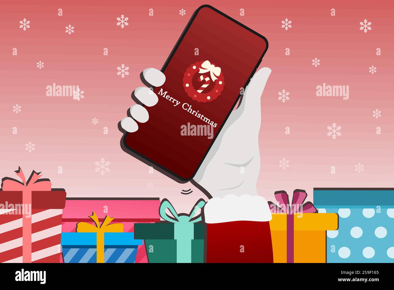 Hand of Santa Claus holding a mobile phone with Merry Christmas ...