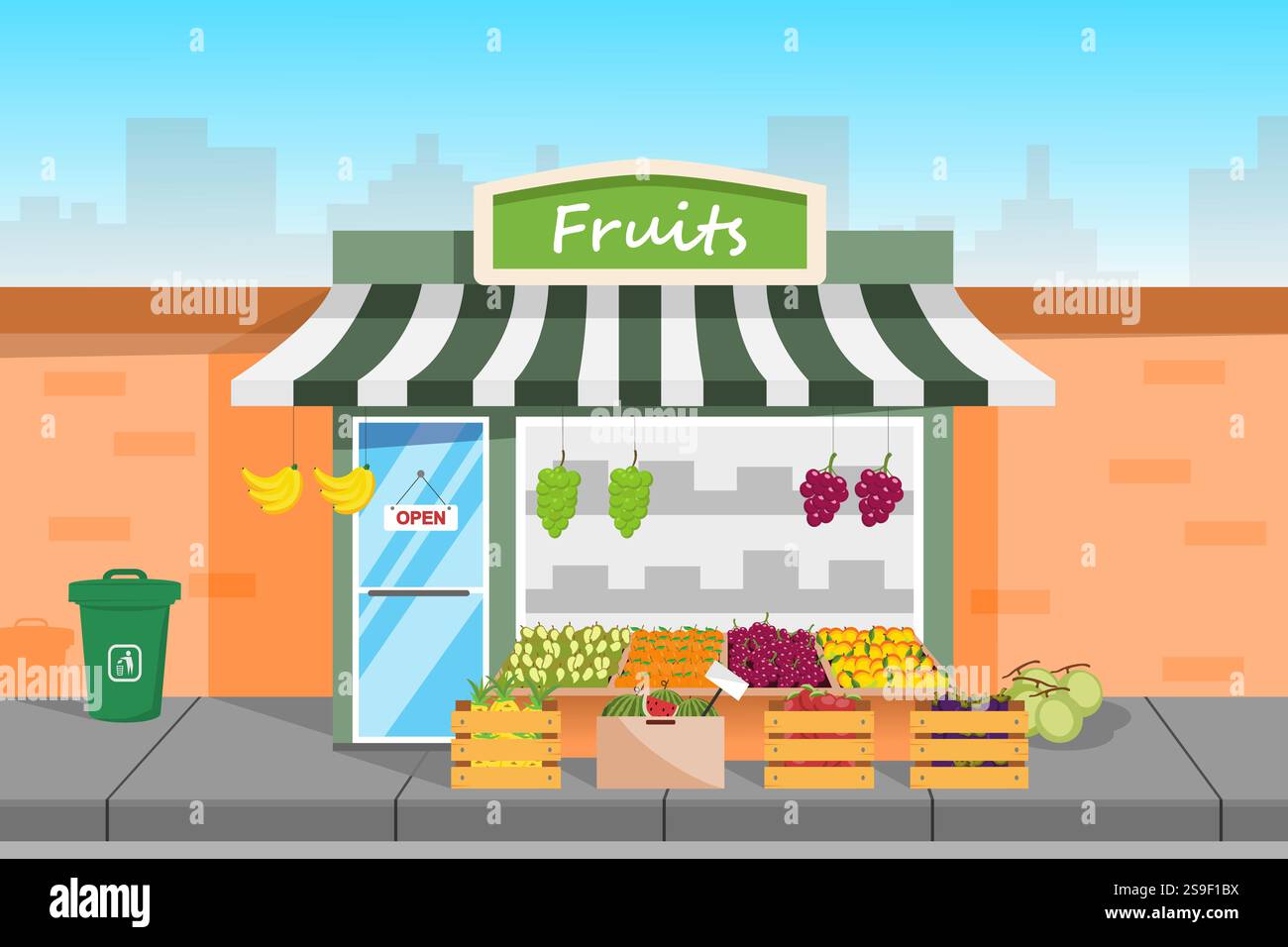 Local fruit store building on pedestrian area. Vector illustration ...
