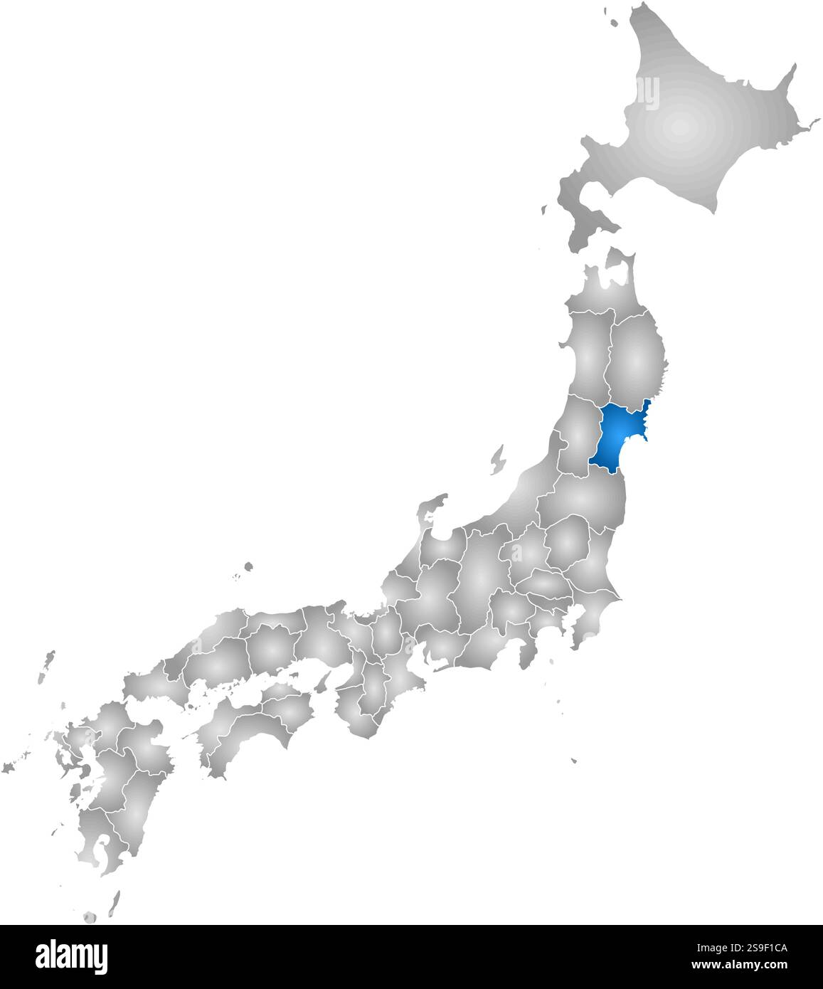 Map of Japan with the provinces, filled with a radial gradient, Miyagi ...