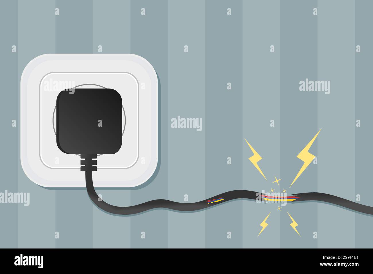 Electricity short circuit. Damaged cable plugged into wall socket ...