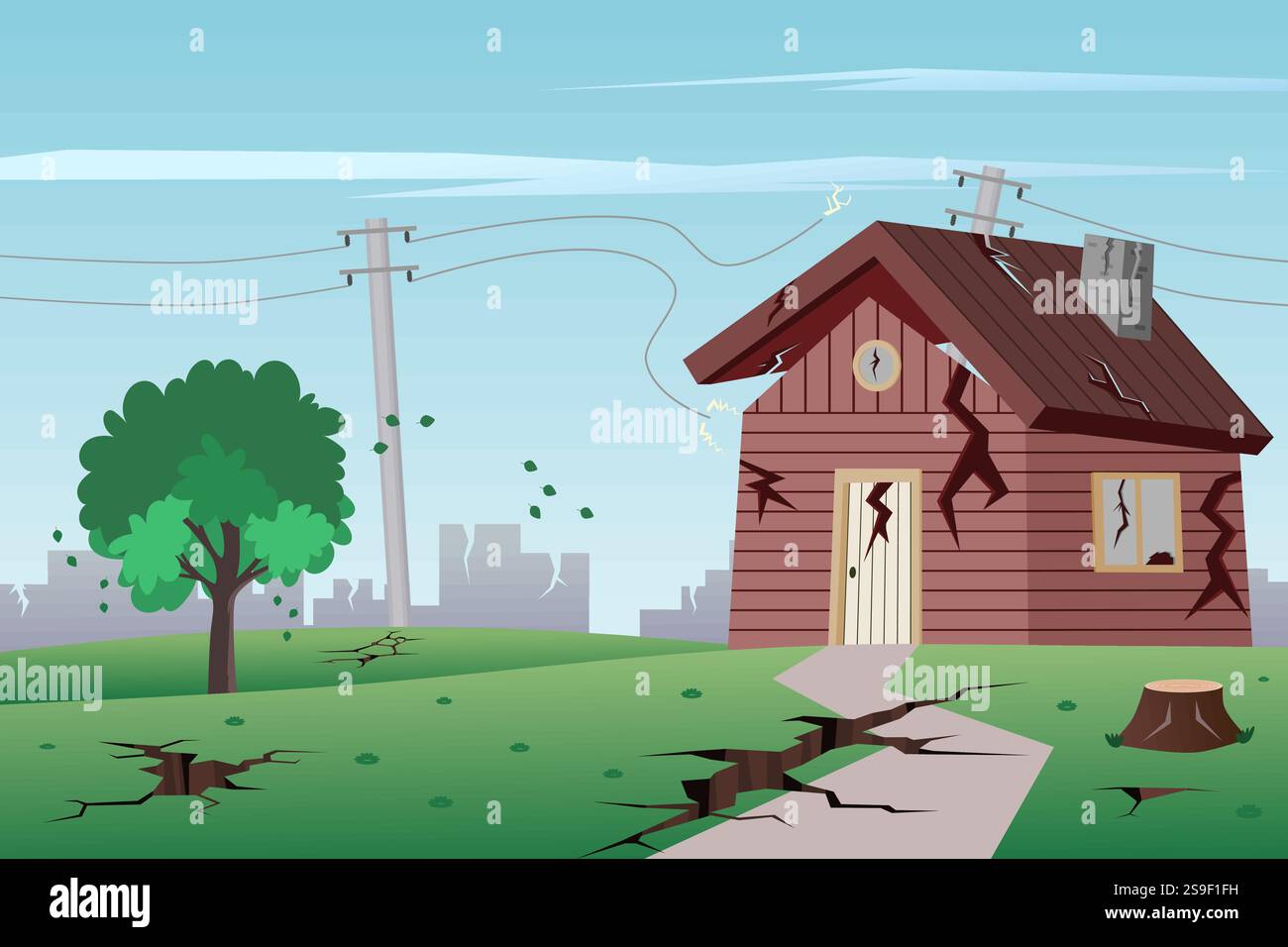 House damaged by earthquake. Natural disaster. Vector illustration ...