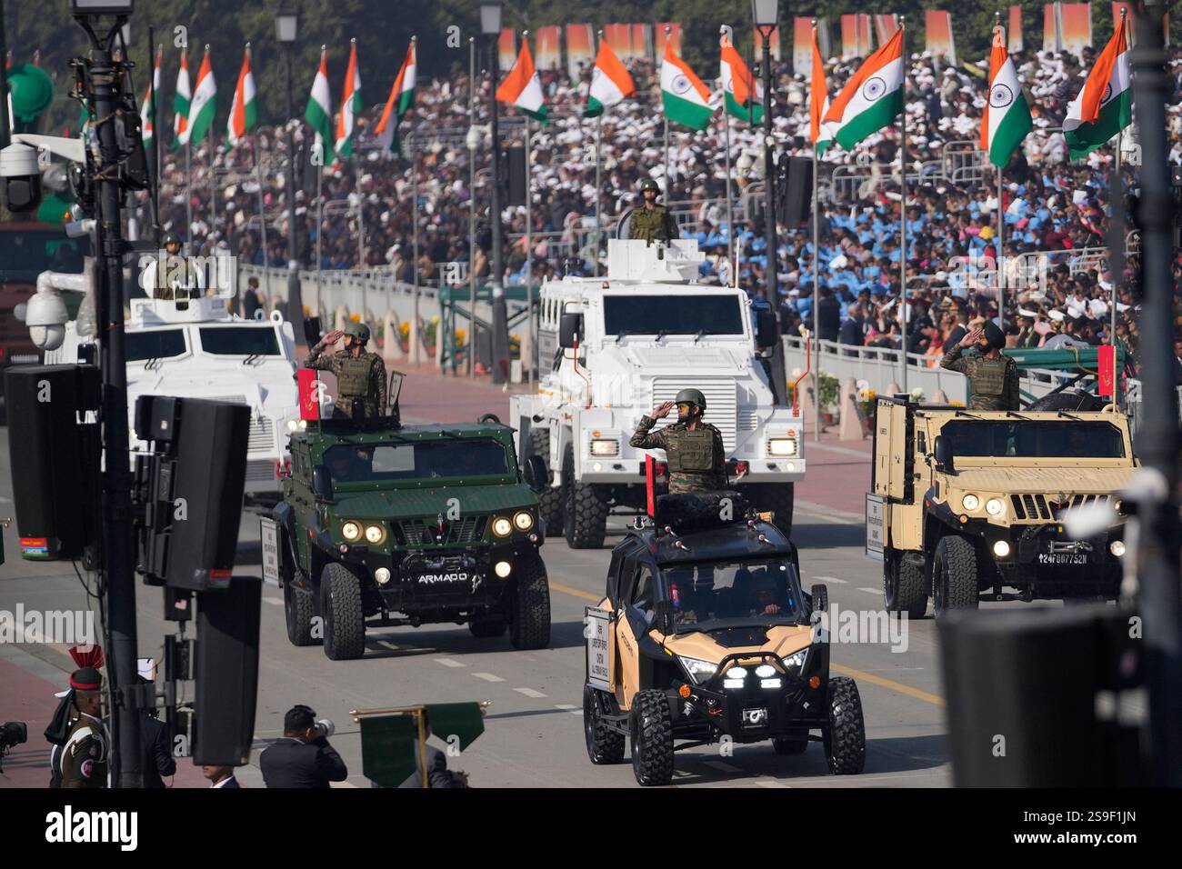 Indian defense forces march through the ceremonial Kartavya Path boulevard during India's ...