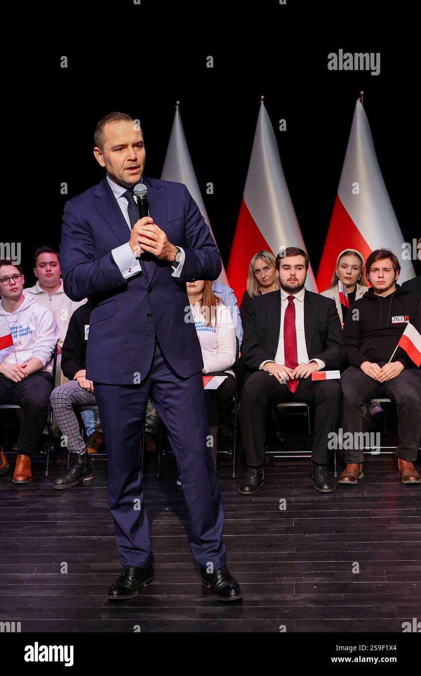 Karol Nawrocki, candidate for the 2025 presidential election speaks during the meeting with the ...