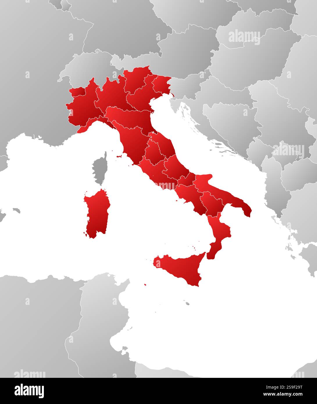 Map of Italy with the provinces and nearby countries, filled with a ...